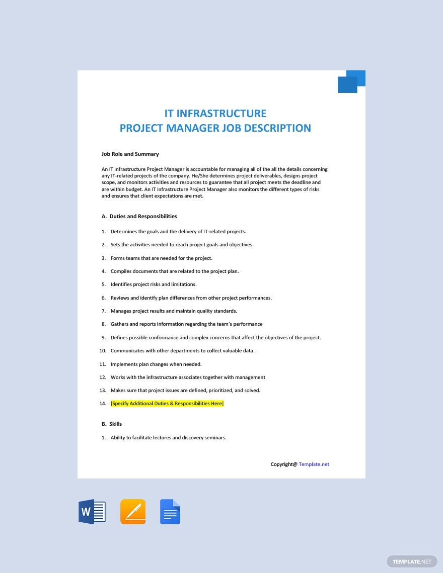 IT Infrastructure Project Manager Job Description Download In Word 