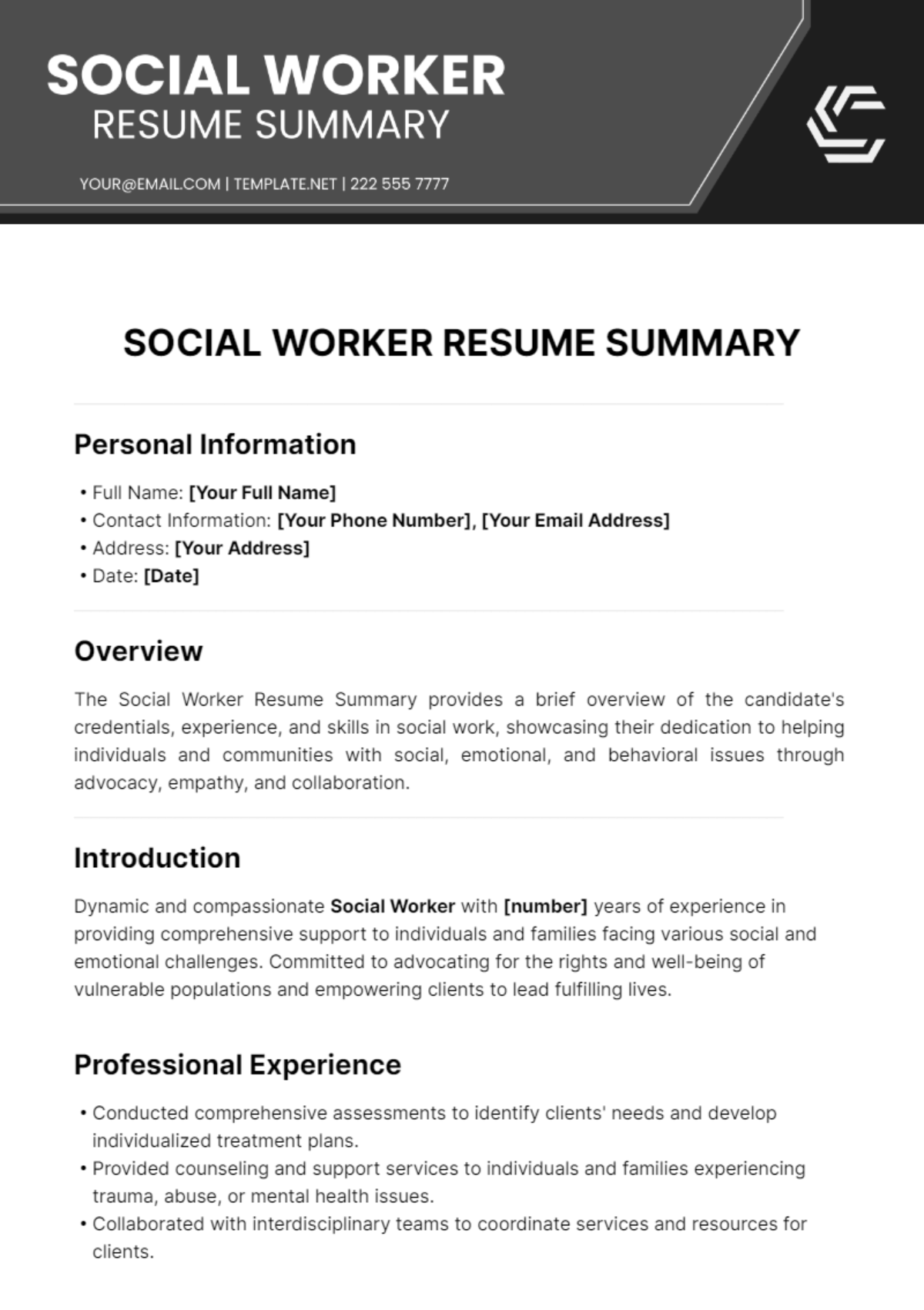 Free Social Worker Resume Summary Template To Edit Online