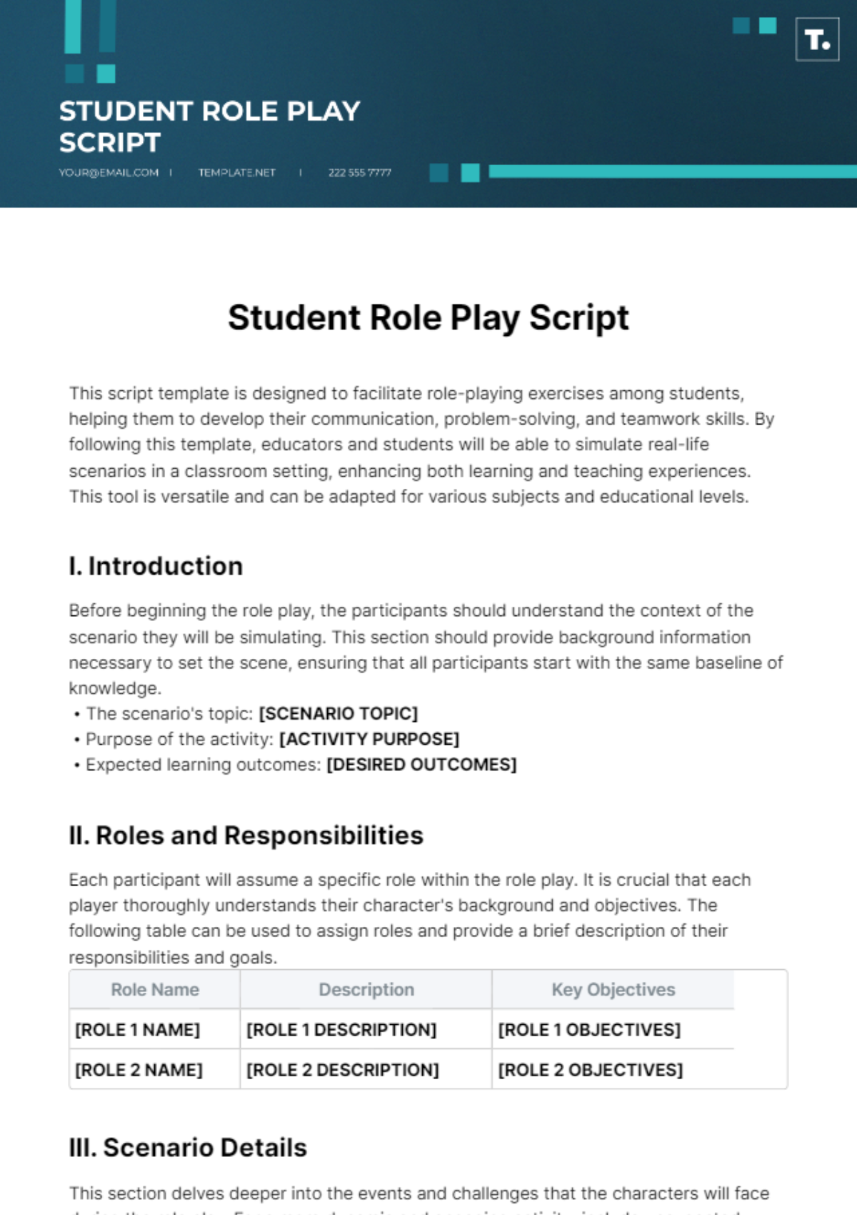 Free Student Role Play Script Template To Edit Online