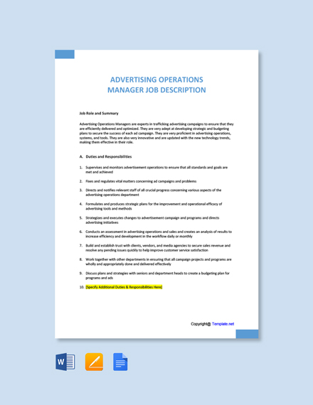 Advertising Operations Manager Job Description Template - Google Docs ...