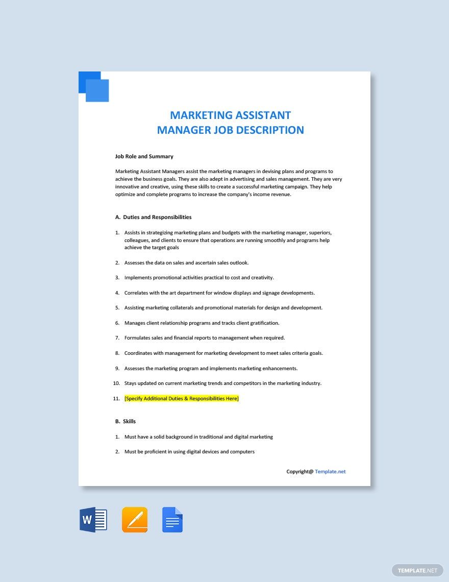Marketing Assistant Manager Job Description Template Download In Word 