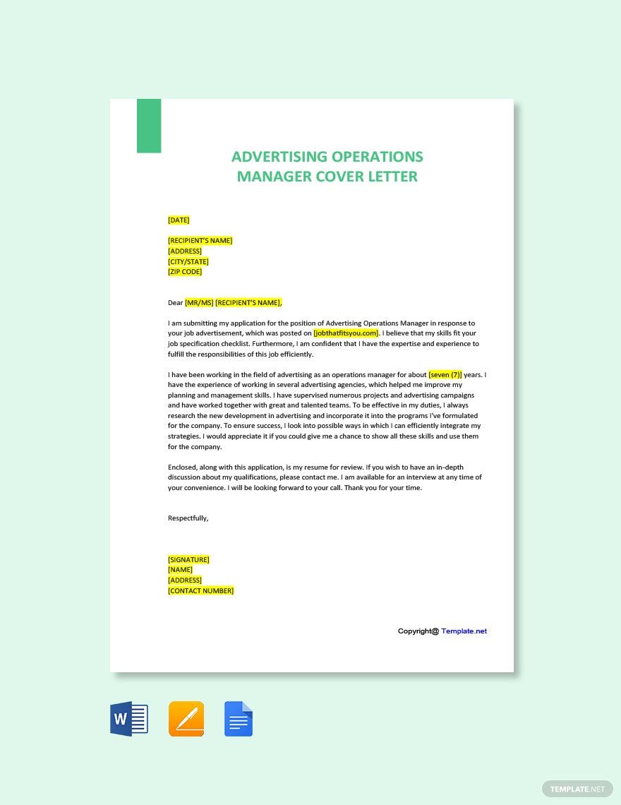 Free Flight Operations Manager Cover Letter Template - Google Docs ...