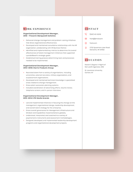 Organizational Development Manager Resume Template - Word, Apple Pages ...