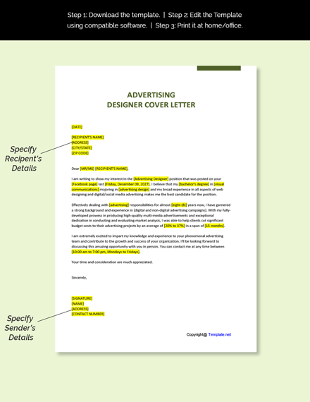 Free Advertising Designer Cover Letter Template - Google Docs, Word ...