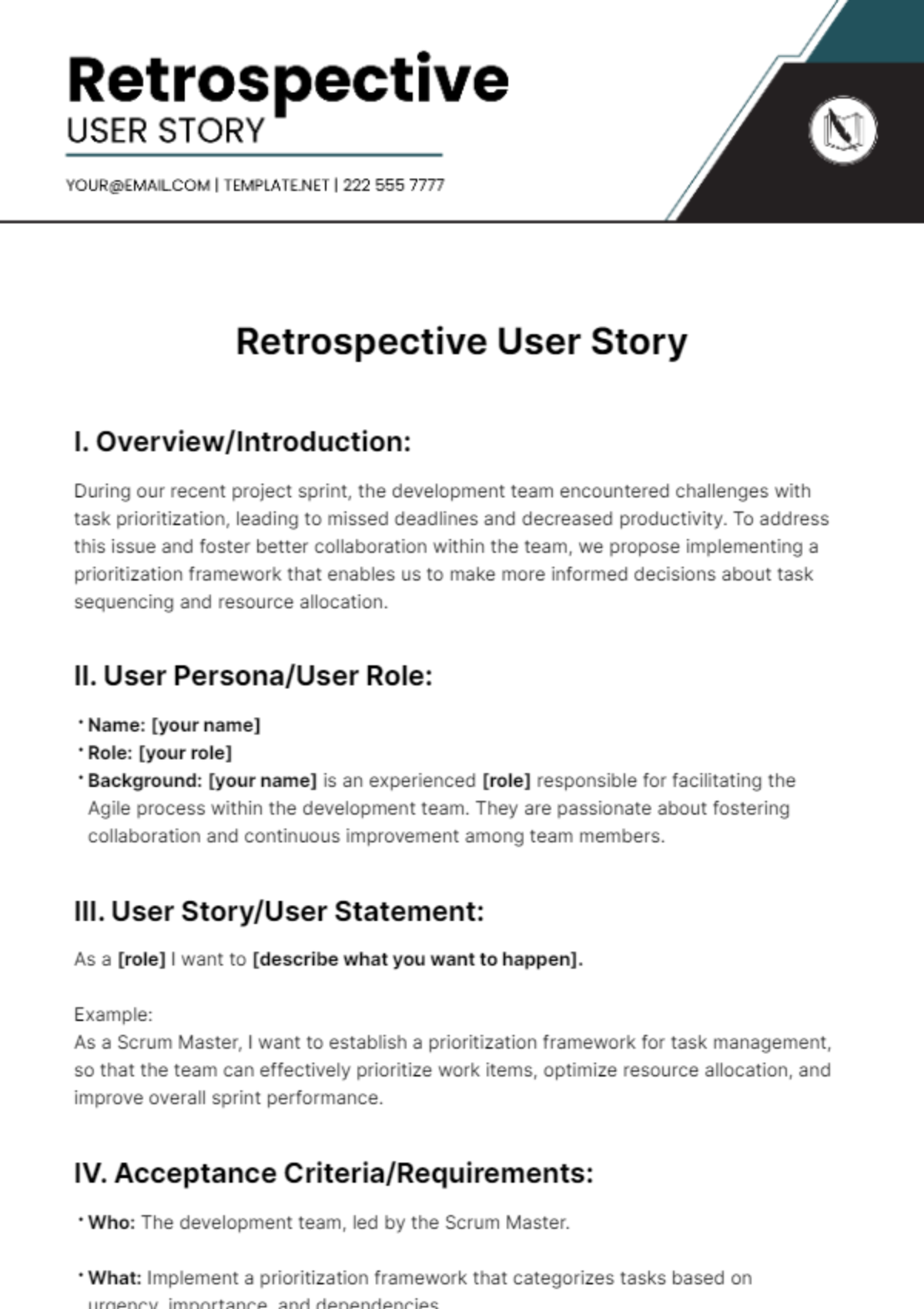 Retrospective User Story Template - Edit Online & Download Example ...
