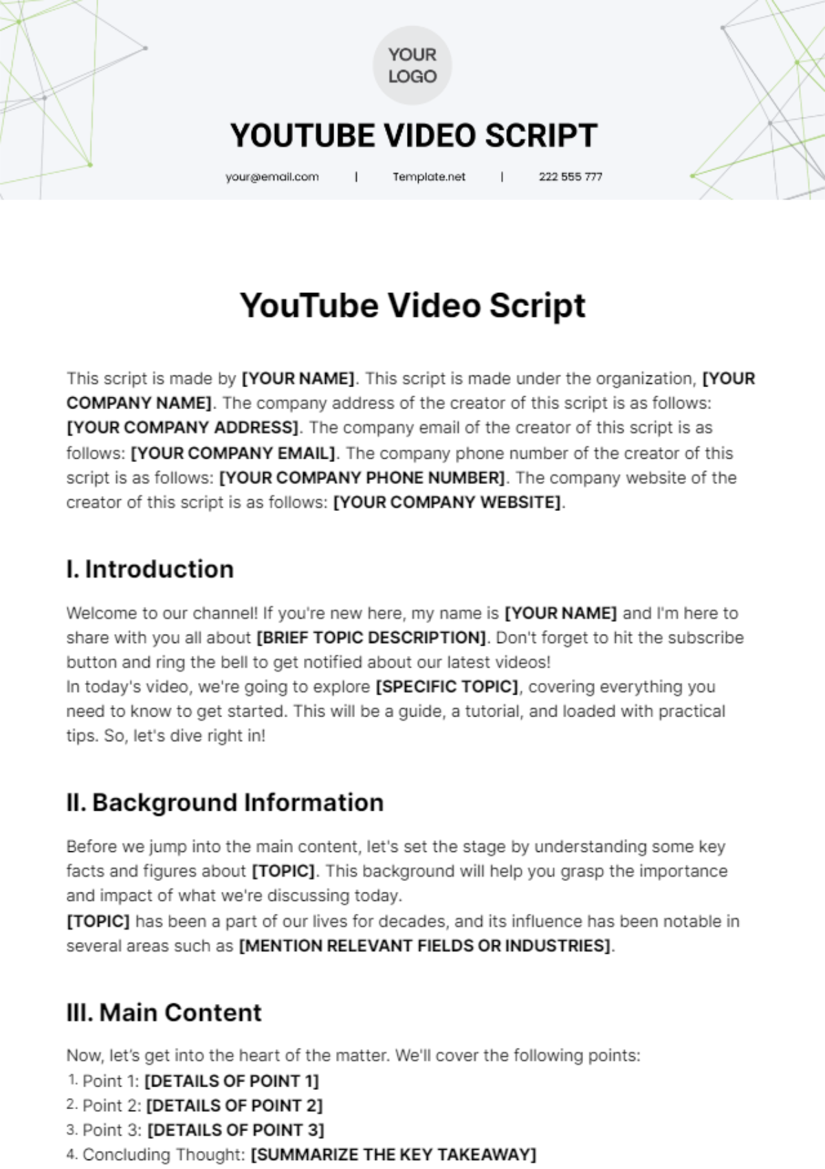 Free Youtube Video Script Template To Edit Online