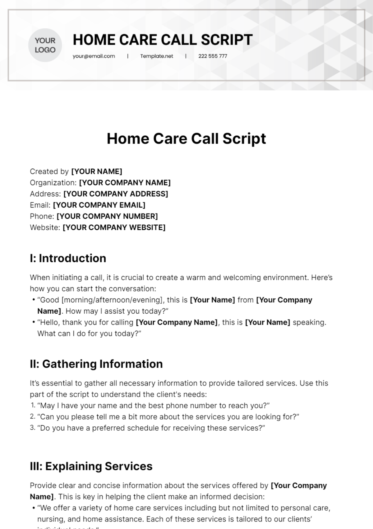 Home Care Call Script Template - Edit Online & Download Example ...