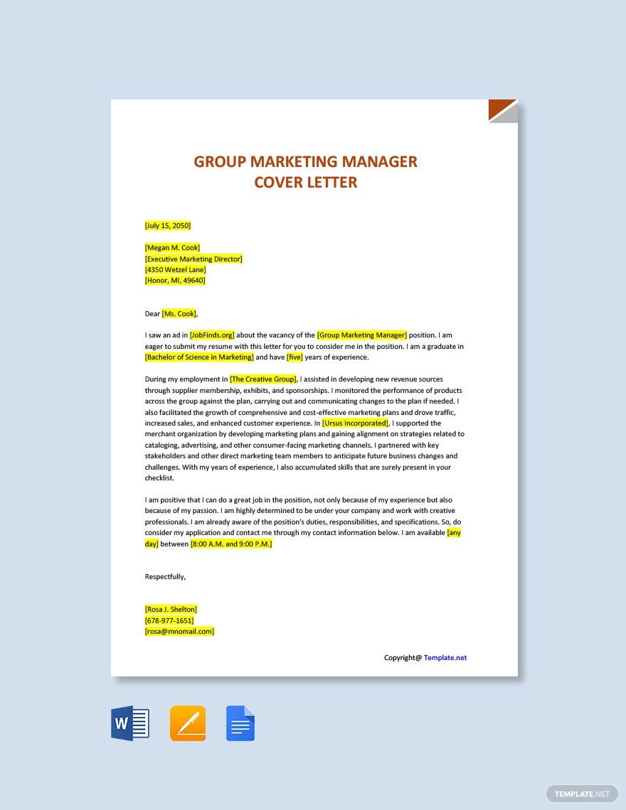 Group Marketing Manager Cover Letter Google Docs Word Apple Pages PDF Template
