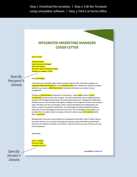 Integrated Marketing Manager Cover Letter Template - Google Docs, Word ...