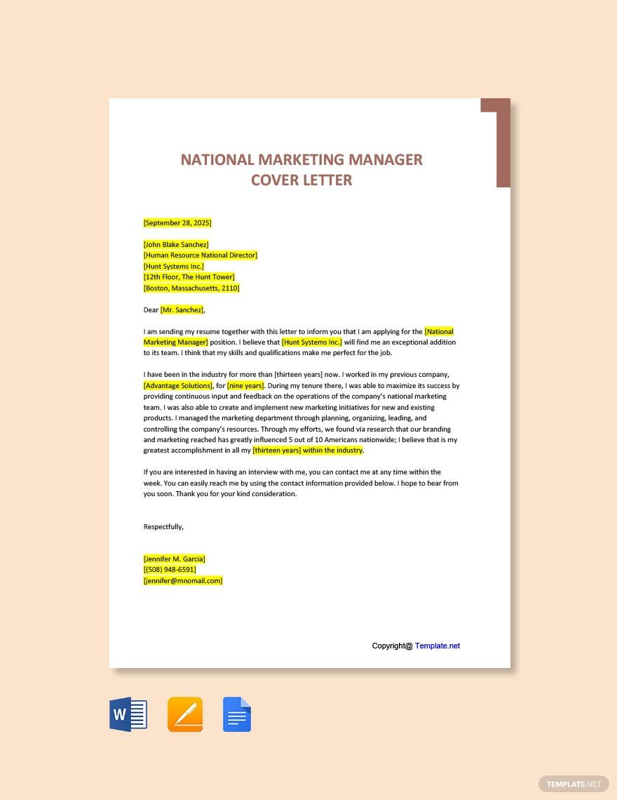 Free National Marketing Manager Cover Letter Download In Word Google Docs PDF Apple Pages 