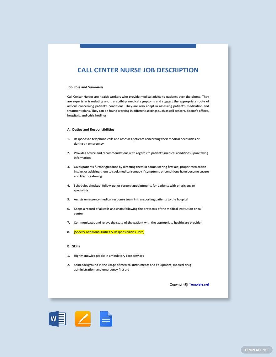 Call Center Nurse Job Description Template Google Docs Word Apple Pages Template
