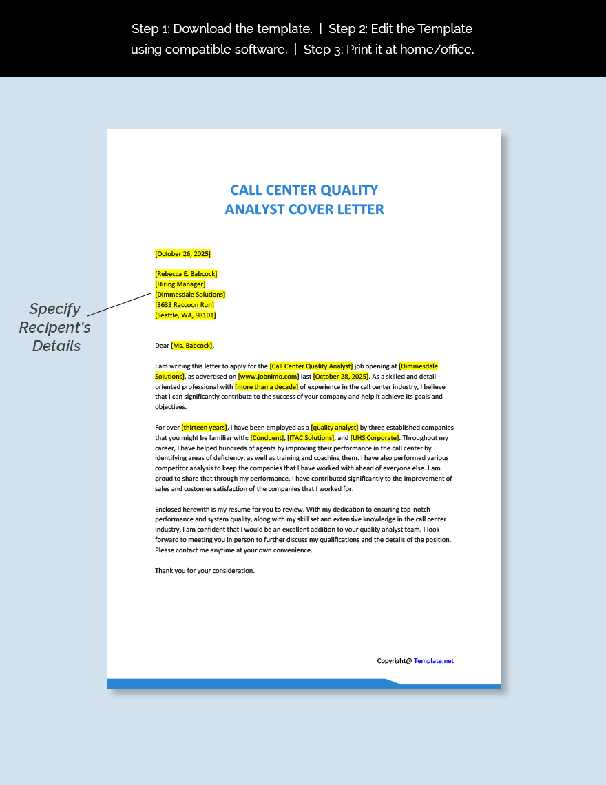 Free Call Center Quality Analyst Cover Letter Download In Word 