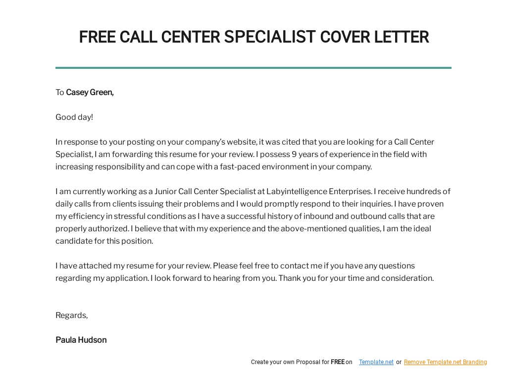 Free Call Center Sales Representative Cover Letter Template - Google ...