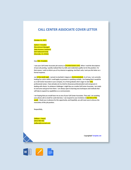 Free Call Center Specialist Cover Letter Template - Google Docs, Word ...