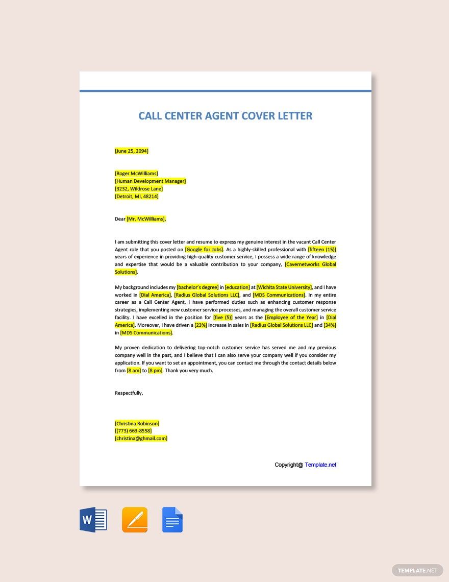 Free Call Center Agent Cover Letter Download In Word Google Docs 