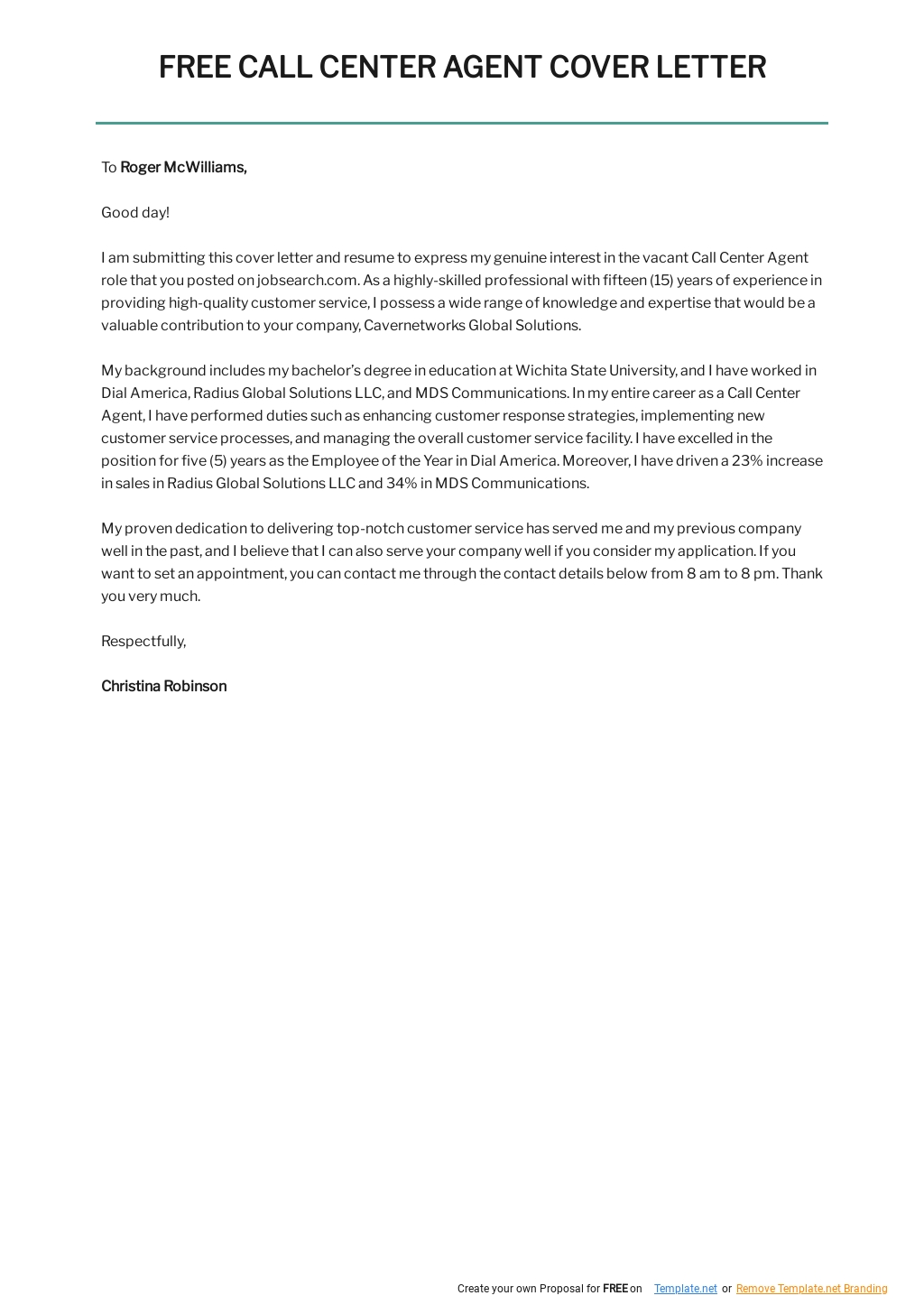 Free Call Center Sales Representative Cover Letter Template - Google ...