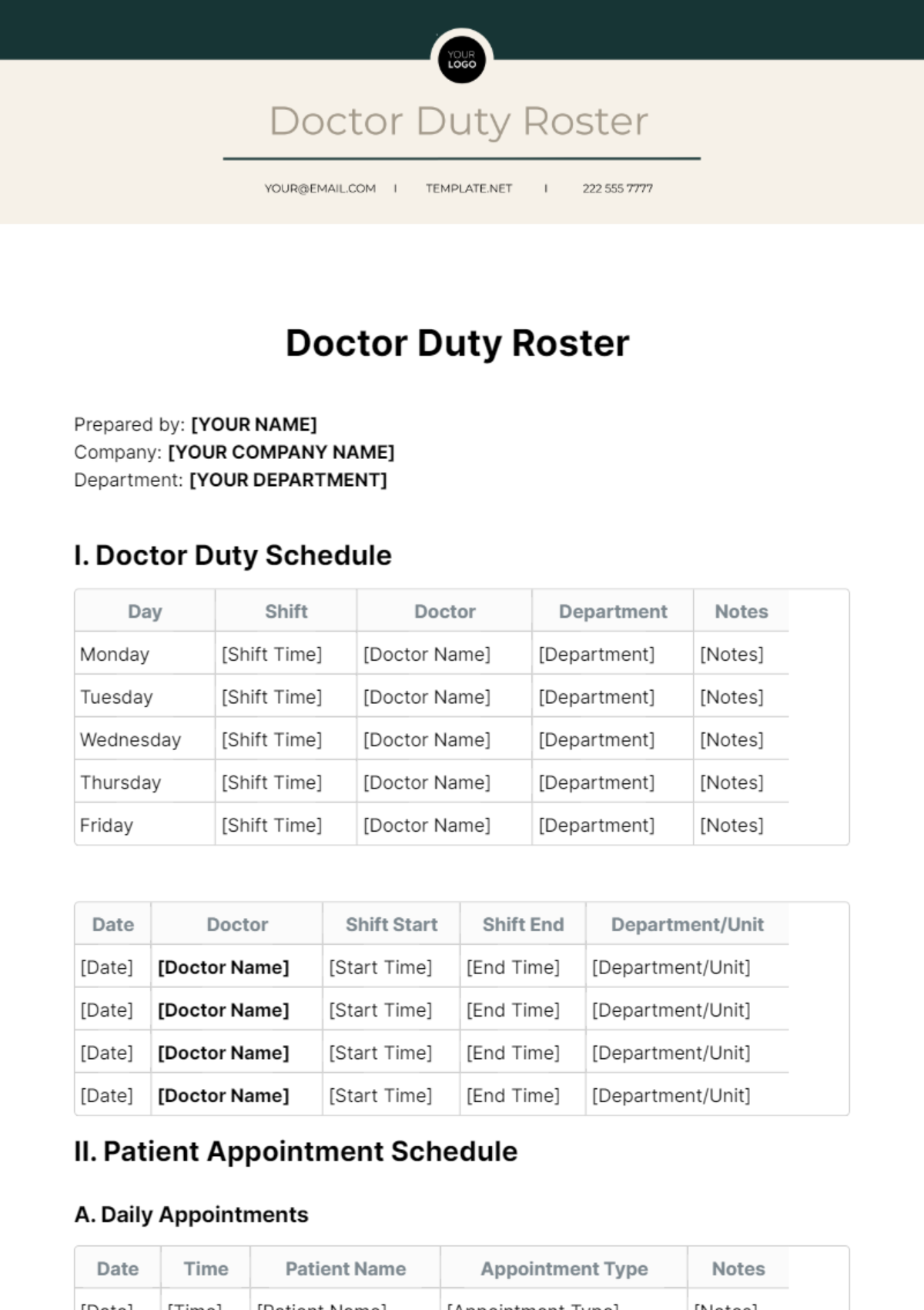 Doctor Duty Roster Template - Edit Online & Download Example | Template.net