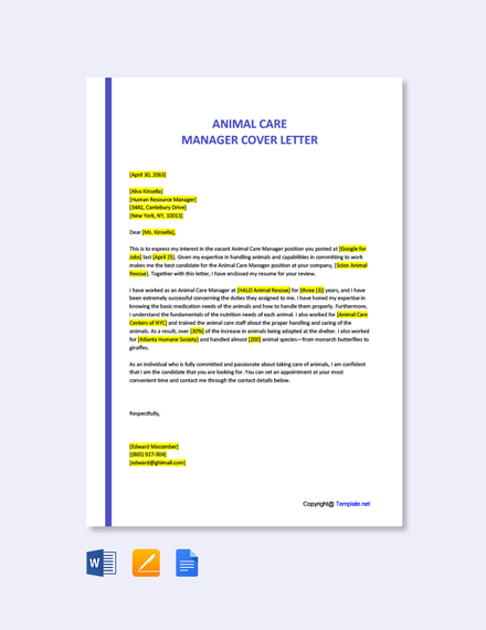 Free Animal Care Manager Cover Letter Template Google Docs Word 