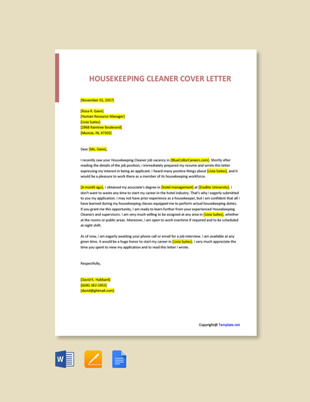 FREE Housekeeping Room Attendant Cover Letter - Word | Google Docs ...
