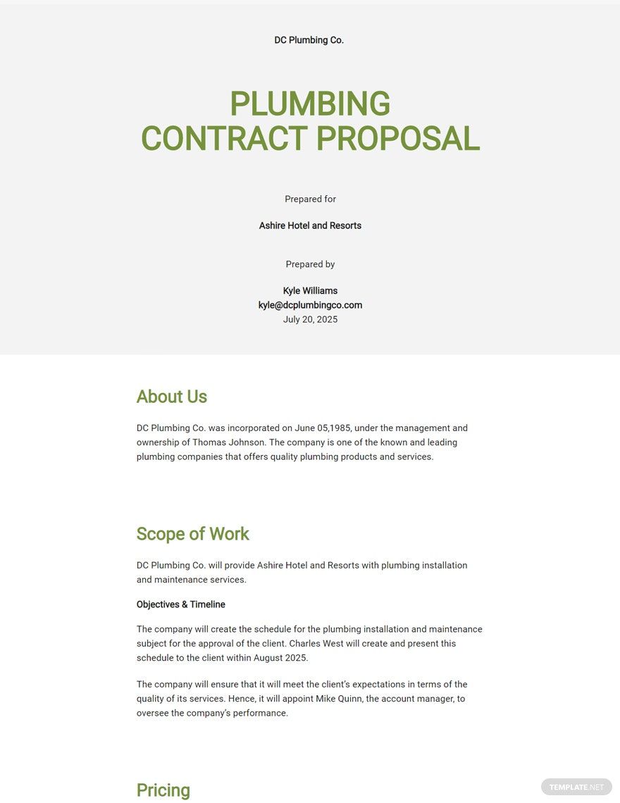 Plumbing Contract Proposal Template Google Docs Word Apple Pages 