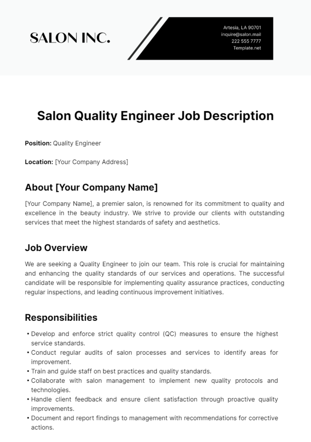 Free Salon Quality Engineer Job Description Template Edit Online
