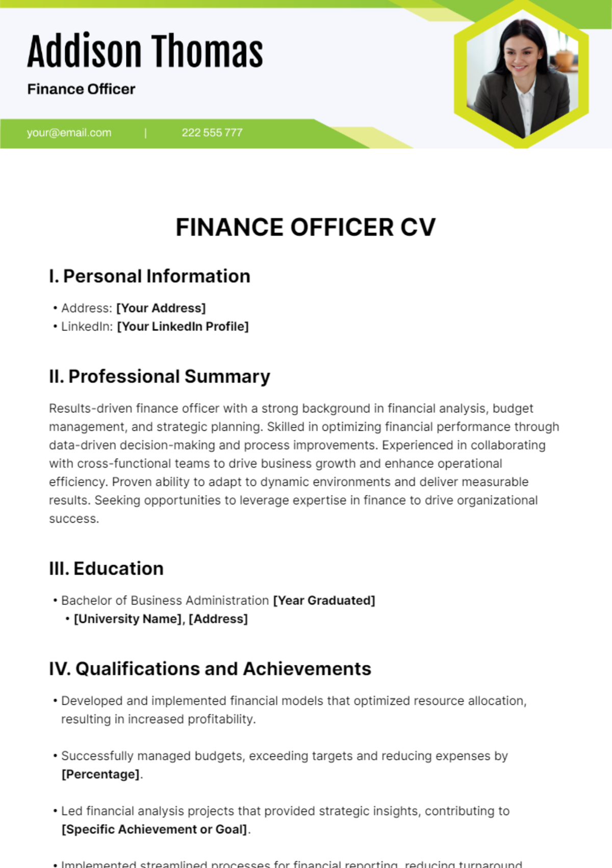 Free Finance Officer CV Template To Edit Online Free Finance Officer CV Template To Edit Online