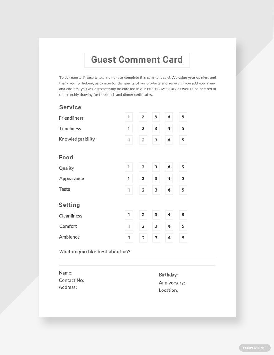 Guest Comment Card Template Word Apple Pages PDF Template