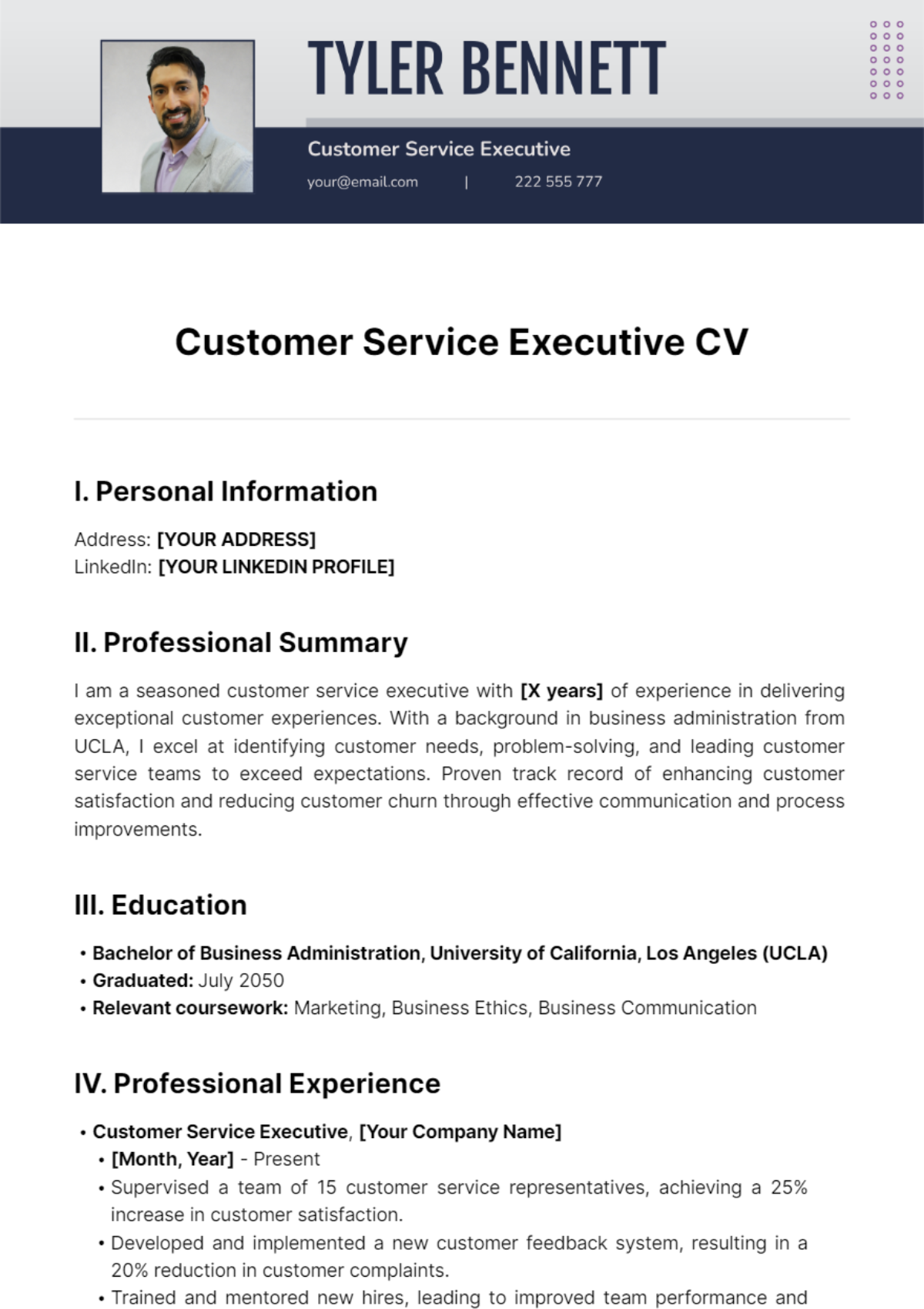 Free Customer Service Executive CV Template To Edit Online