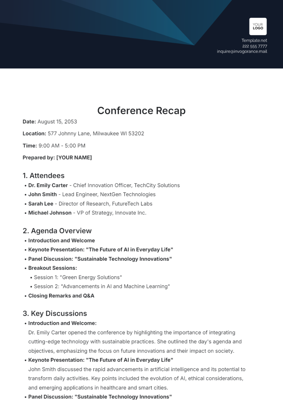 Free Conference Recap Template To Edit Online