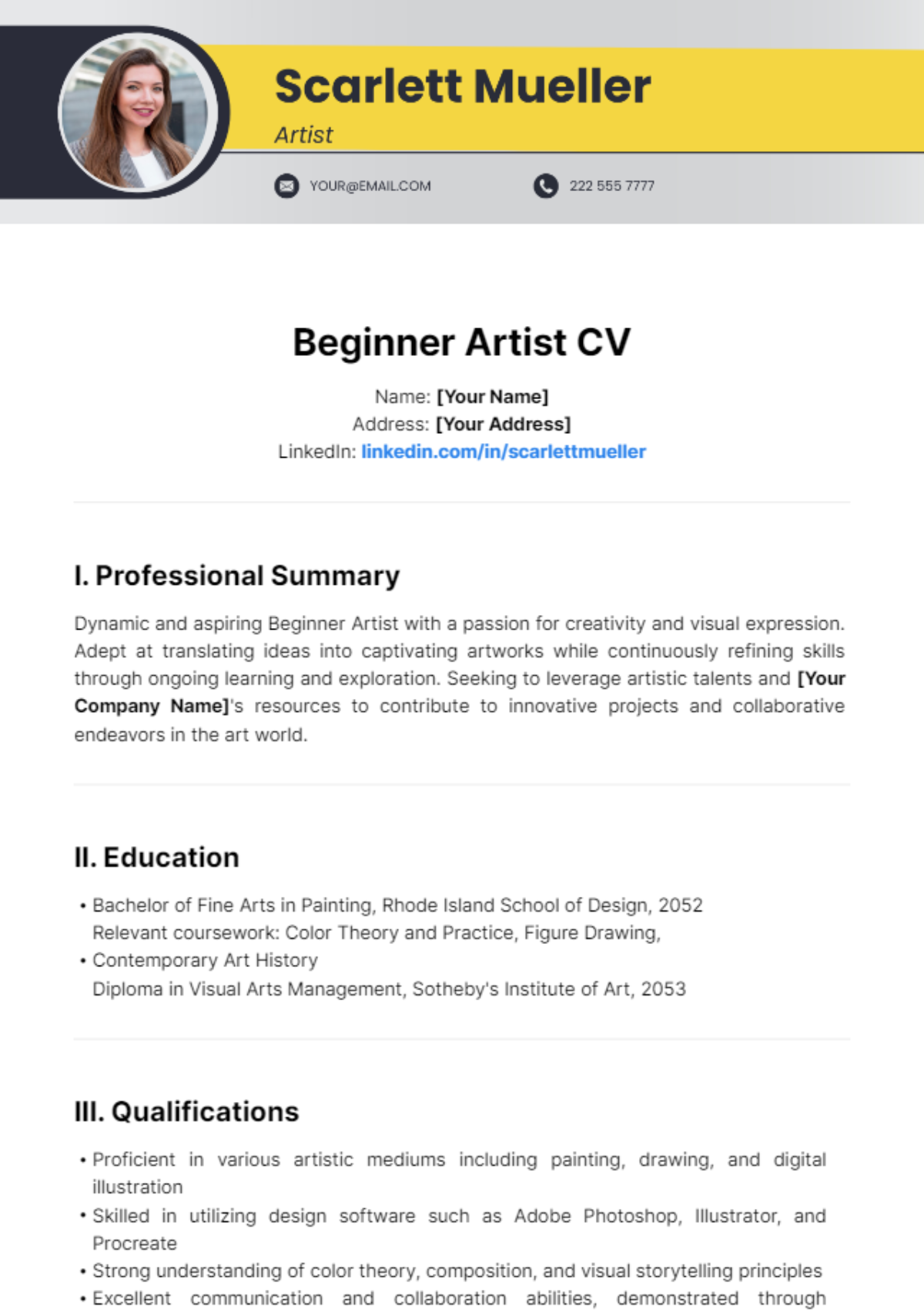 Beginner Artist CV Template - Edit Online & Download Example | Template.net