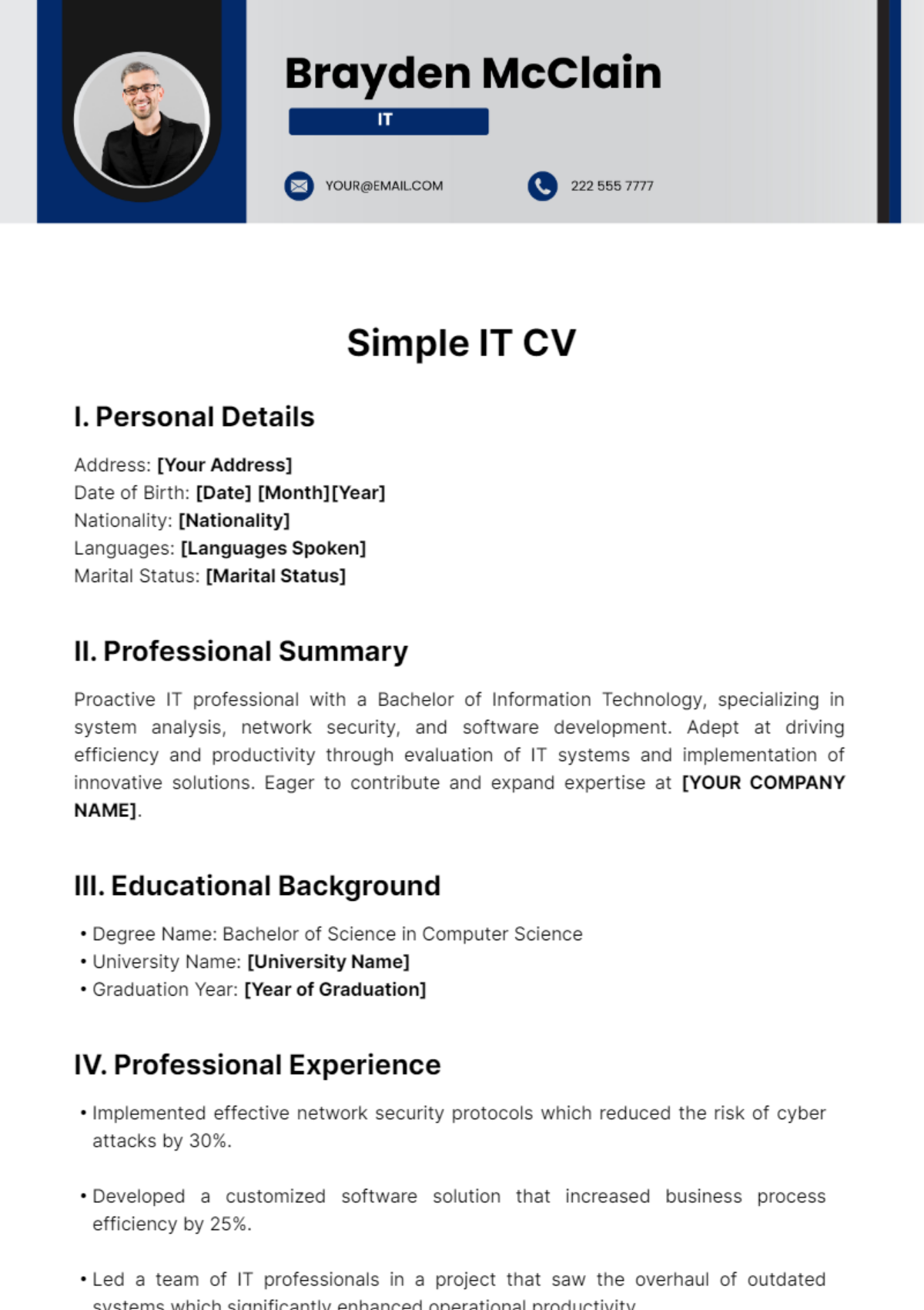 Simple IT CV Template - Edit Online & Download Example | Template.net