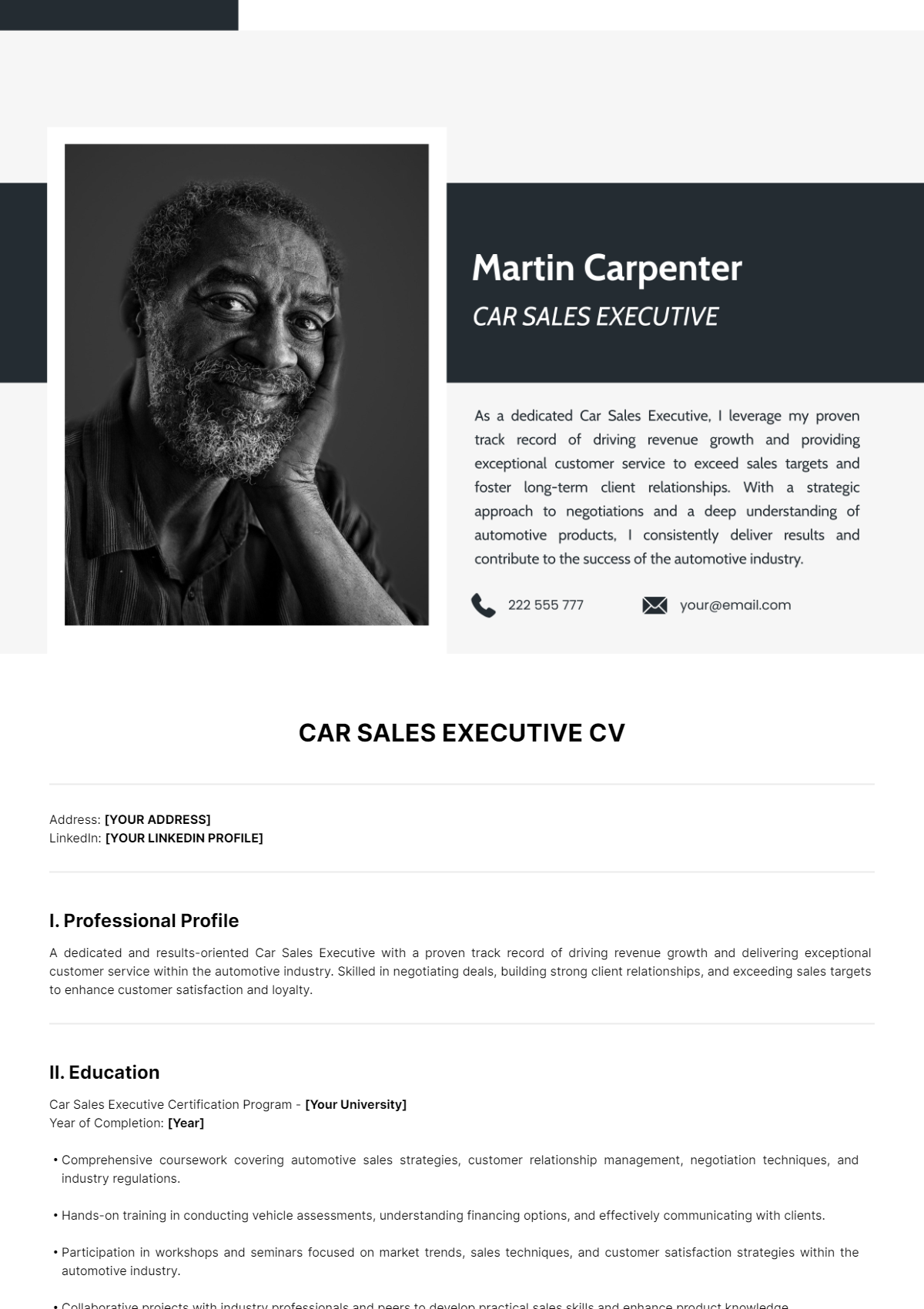 Car Sales Executive CV Template - Edit Online & Download Example | Template.net