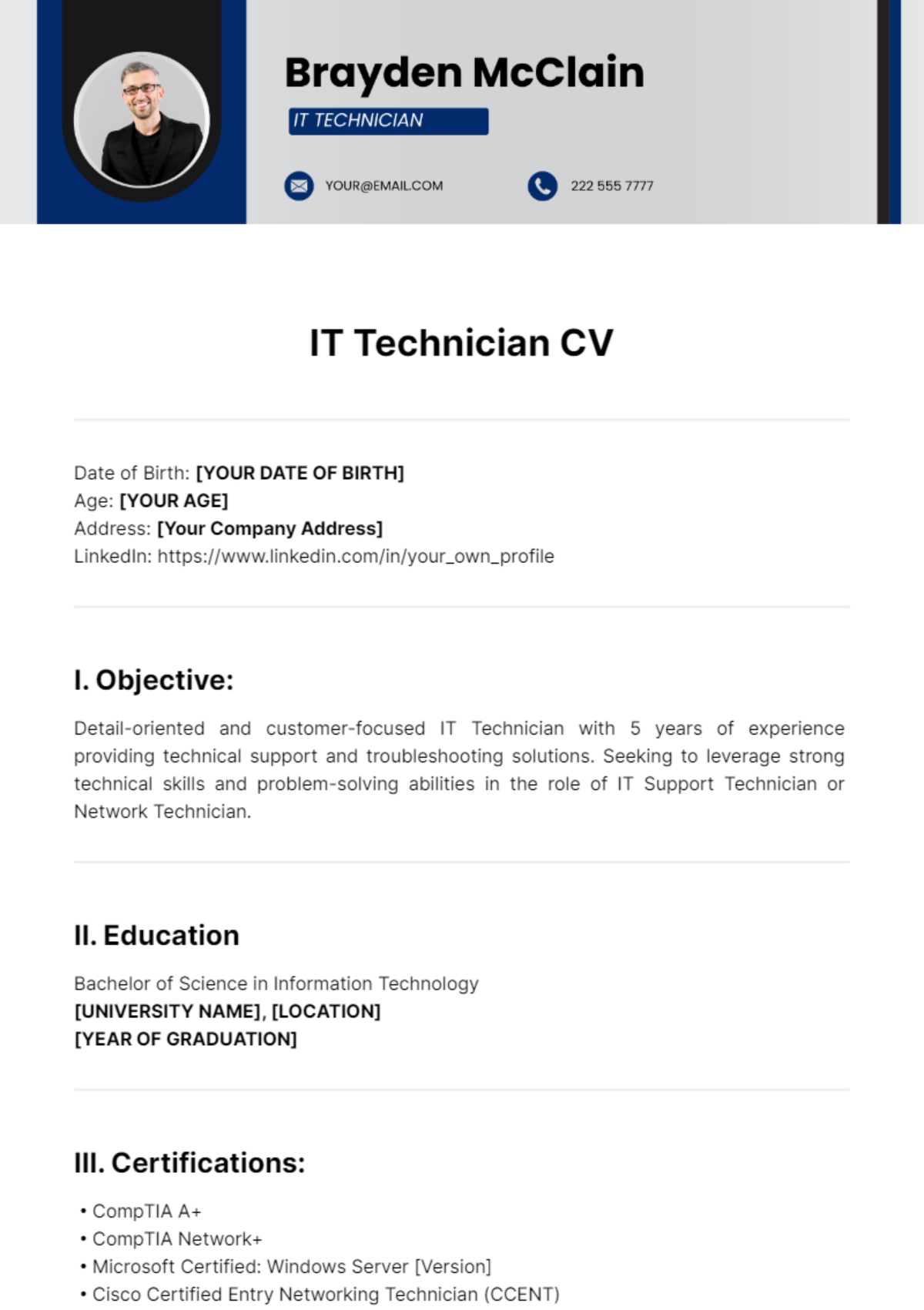 IT Technician CV Template - Edit Online & Download Example | Template.net