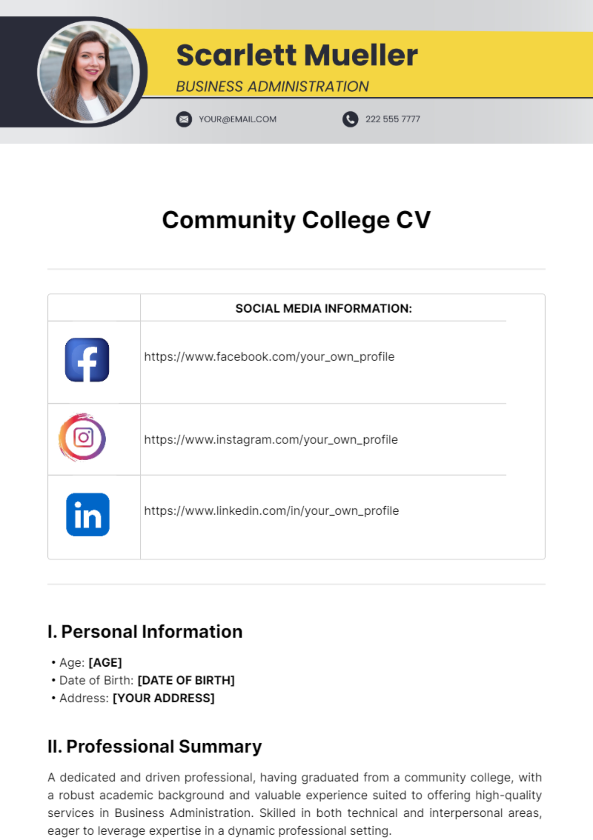 Community College CV Template - Edit Online & Download Example ...