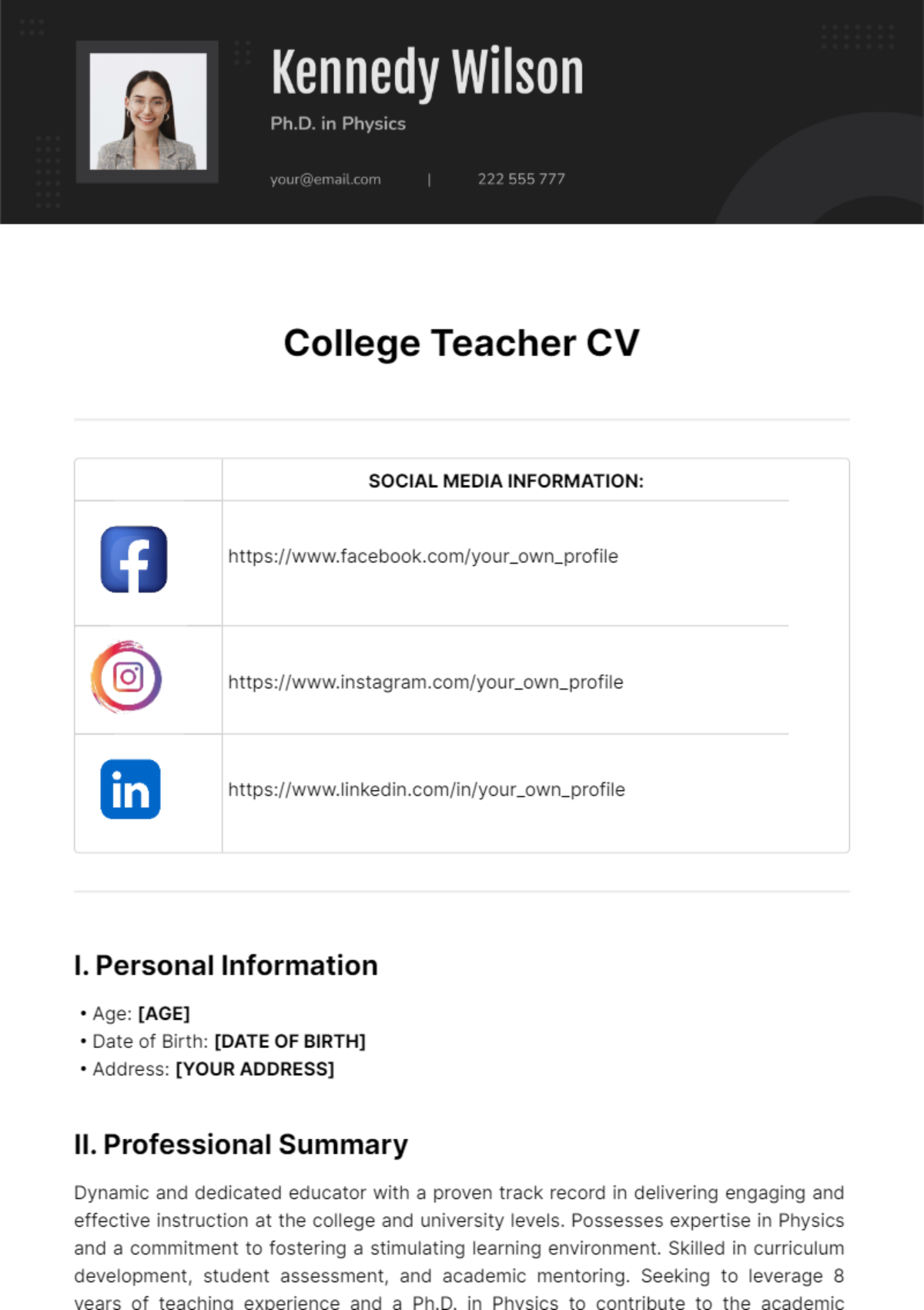 College Teacher CV Template - Edit Online & Download Example | Template.net