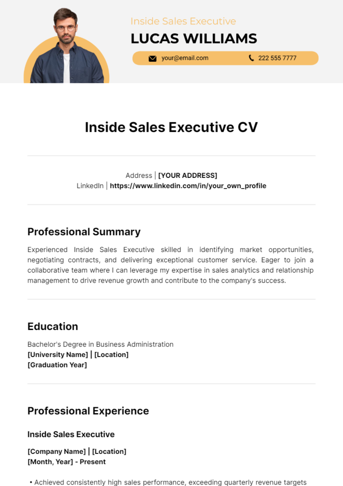 Inside Sales Executive CV Template - Edit Online & Download Example ...