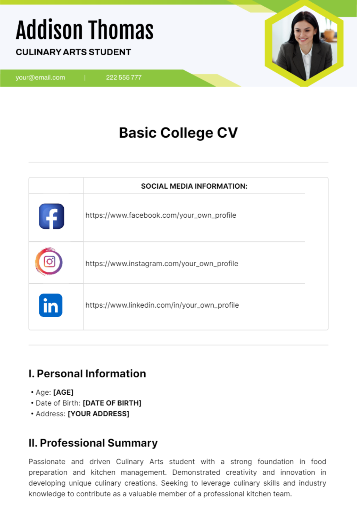 Basic College CV Template - Edit Online & Download Example | Template.net