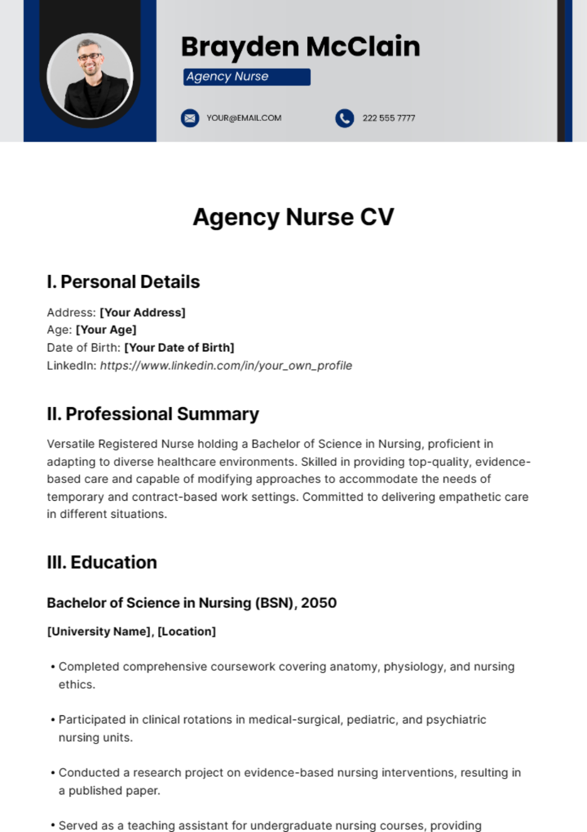 Agency Nurse CV Template - Edit Online & Download Example | Template.net