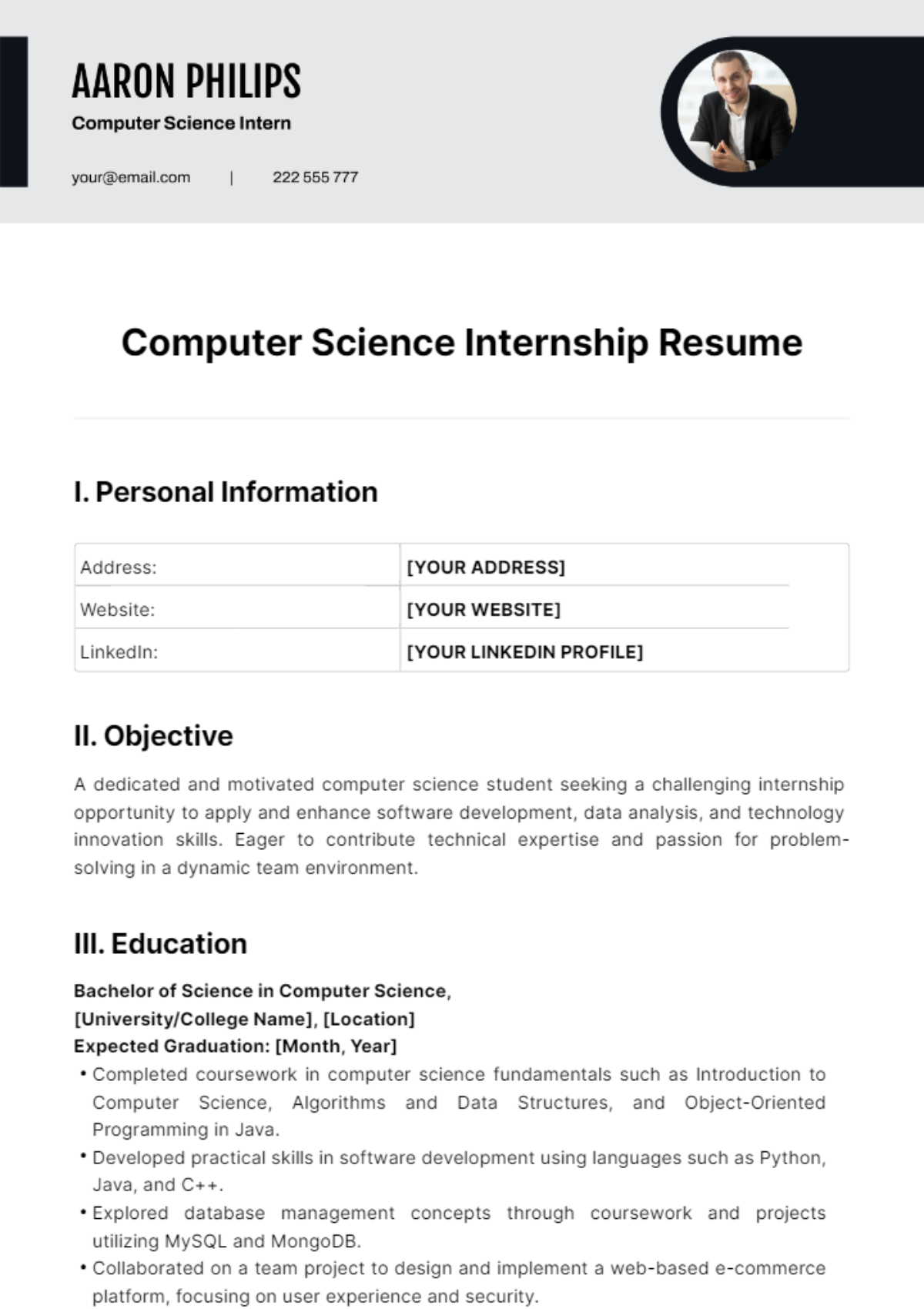 Free Computer Science Internship Resume Template To Edit Online