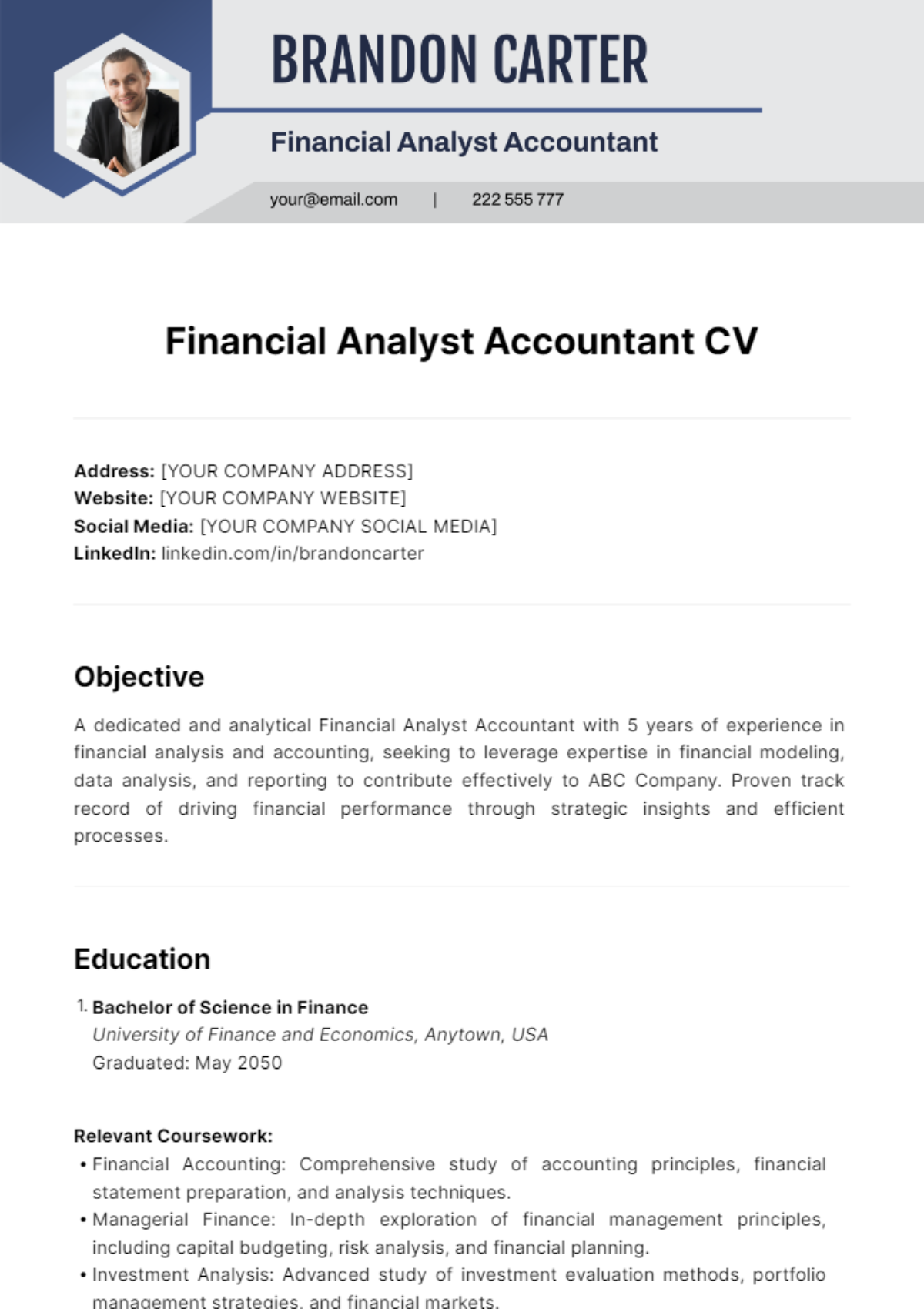 Financial Analyst Accountant CV Template - Edit Online & Download ...