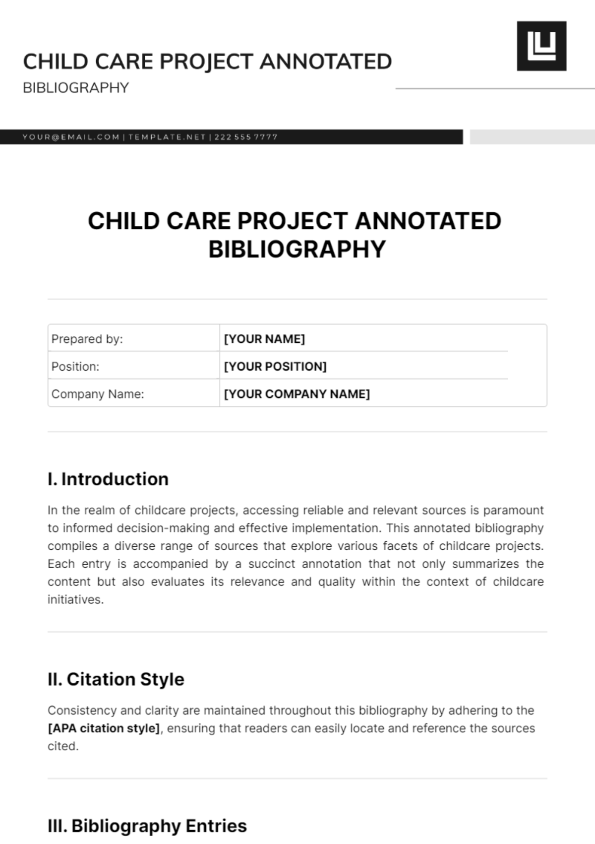 Child Care Project Annotated Bibliography Template - Edit Online ...