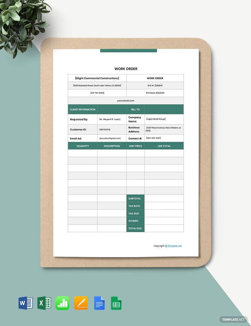 Transport Work Order Template - Google Docs, Google Sheets, Excel, Word, Apple Numbers, Apple ...