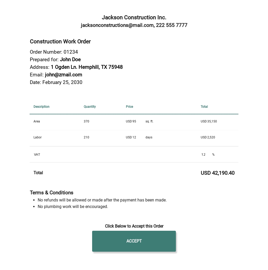 FREE Work Order Format Template - PDF | Word (DOC) | Excel | Apple (MAC ...