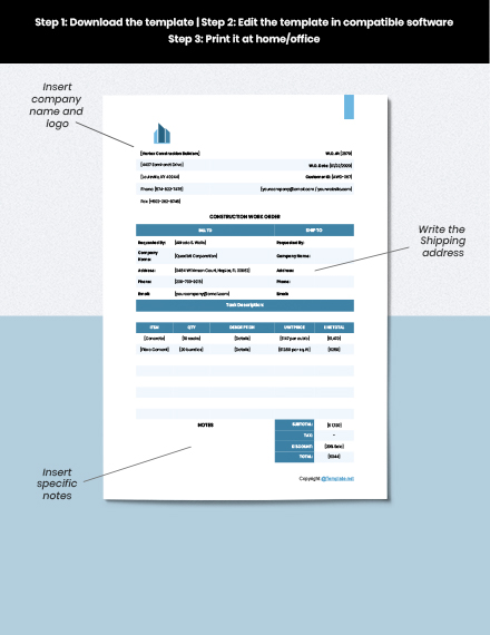 Printable Construction Work Order Template - Google Docs, Google Sheets ...