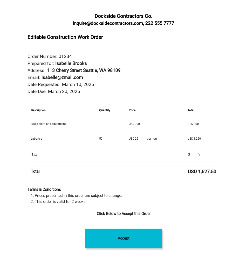 FREE Transport Work Order Template - PDF | Word (DOC) | Excel | Apple (MAC) Pages | Apple Numbers