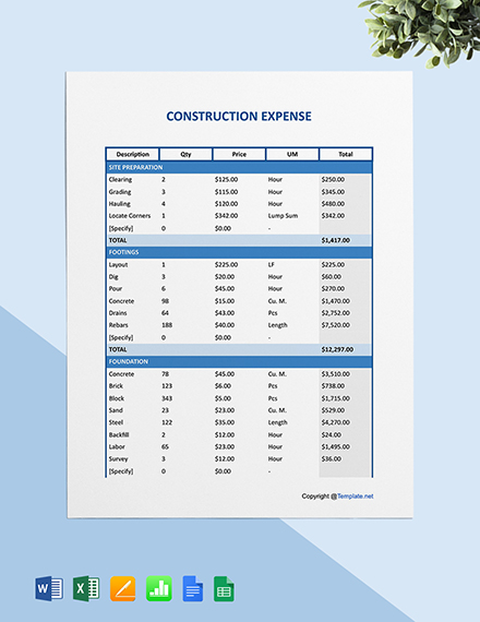 Sample Construction Expense Template - Google Docs, Google Sheets, Word ...