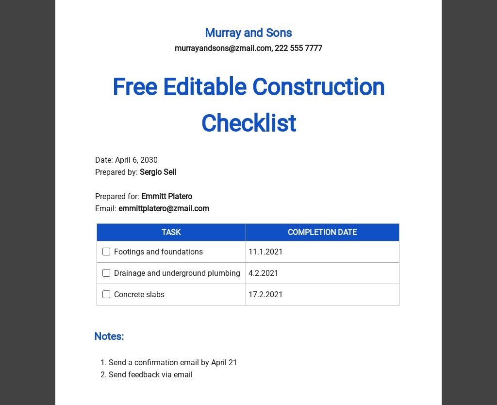 Free Printable Construction Checklist Template - Google Docs, Word ...
