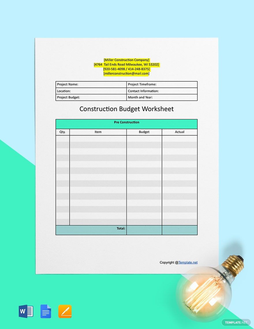 Free Sample Construction Worksheet Template - Excel, Word, Apple ...