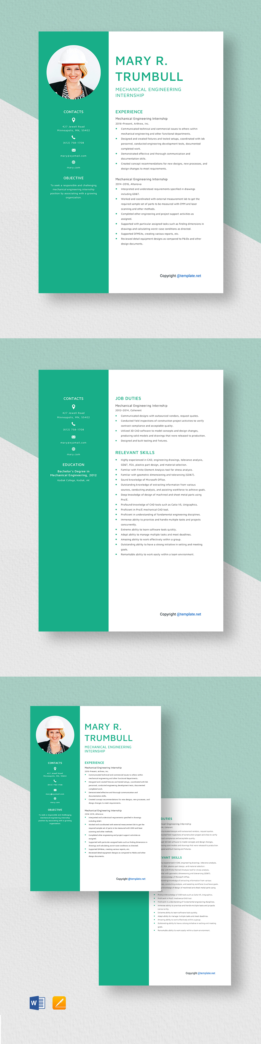 Mechanical Engineering Internship Resume Template - Word, Apple Pages ...