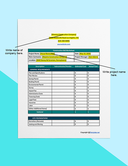 Free Basic Construction Worksheet Template - Excel, Word, Apple Numbers ...